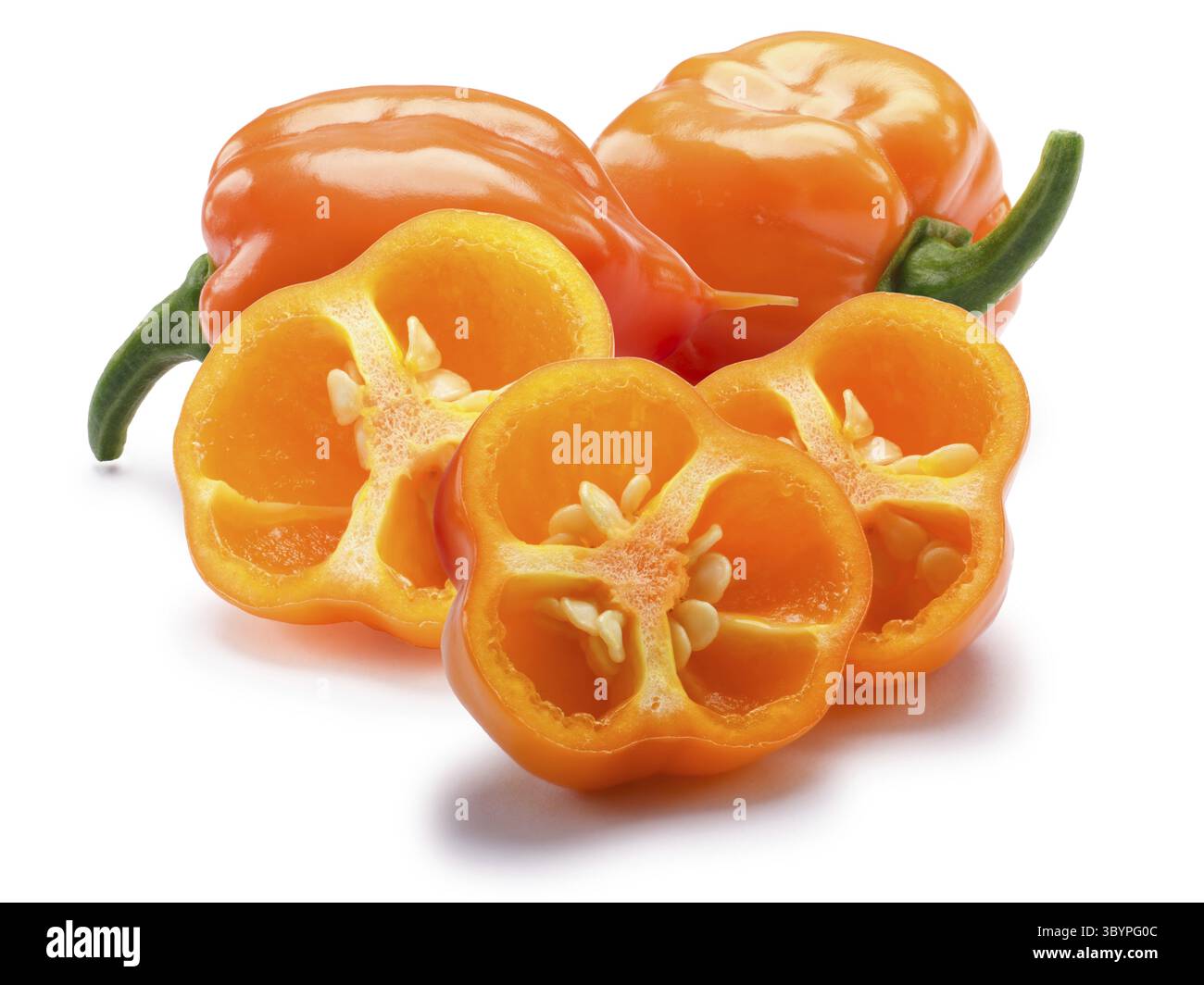 Orange Habanero chile peppers (Capsicum chinense), whole and halved ...