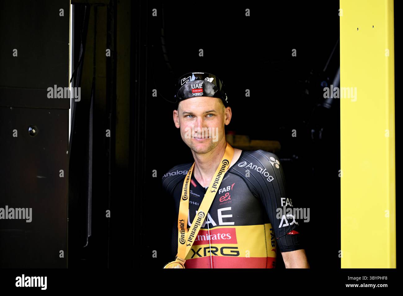 Belgian Tim Wellens of UAE Team Emirates and pictured on the podium ...