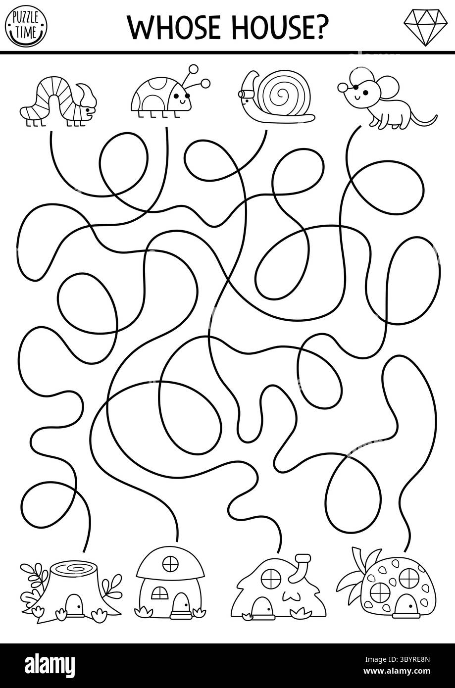 Dwarf black and white maze game for kids with animals, woodland houses ...