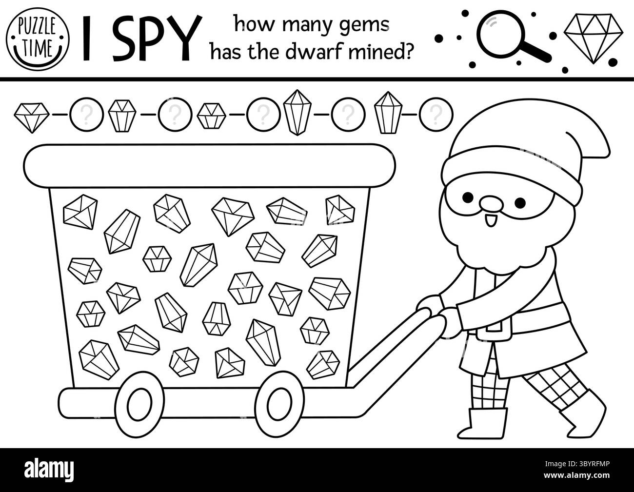 Dwarf black and white I spy game for kids. Searching and counting ...