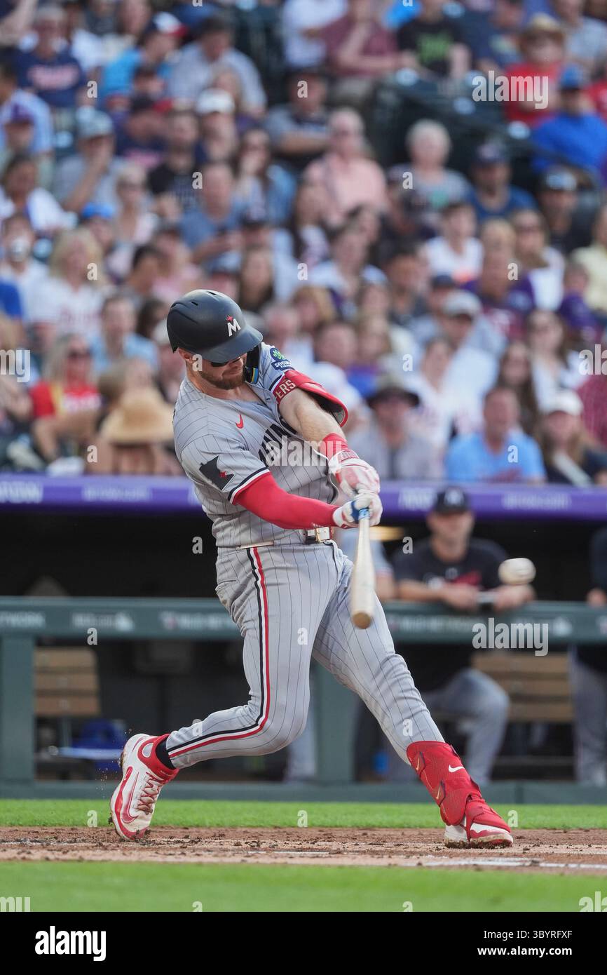 July 19 2025: Minnesota catcher Ryan Jeffers (27) getting a hit during ...