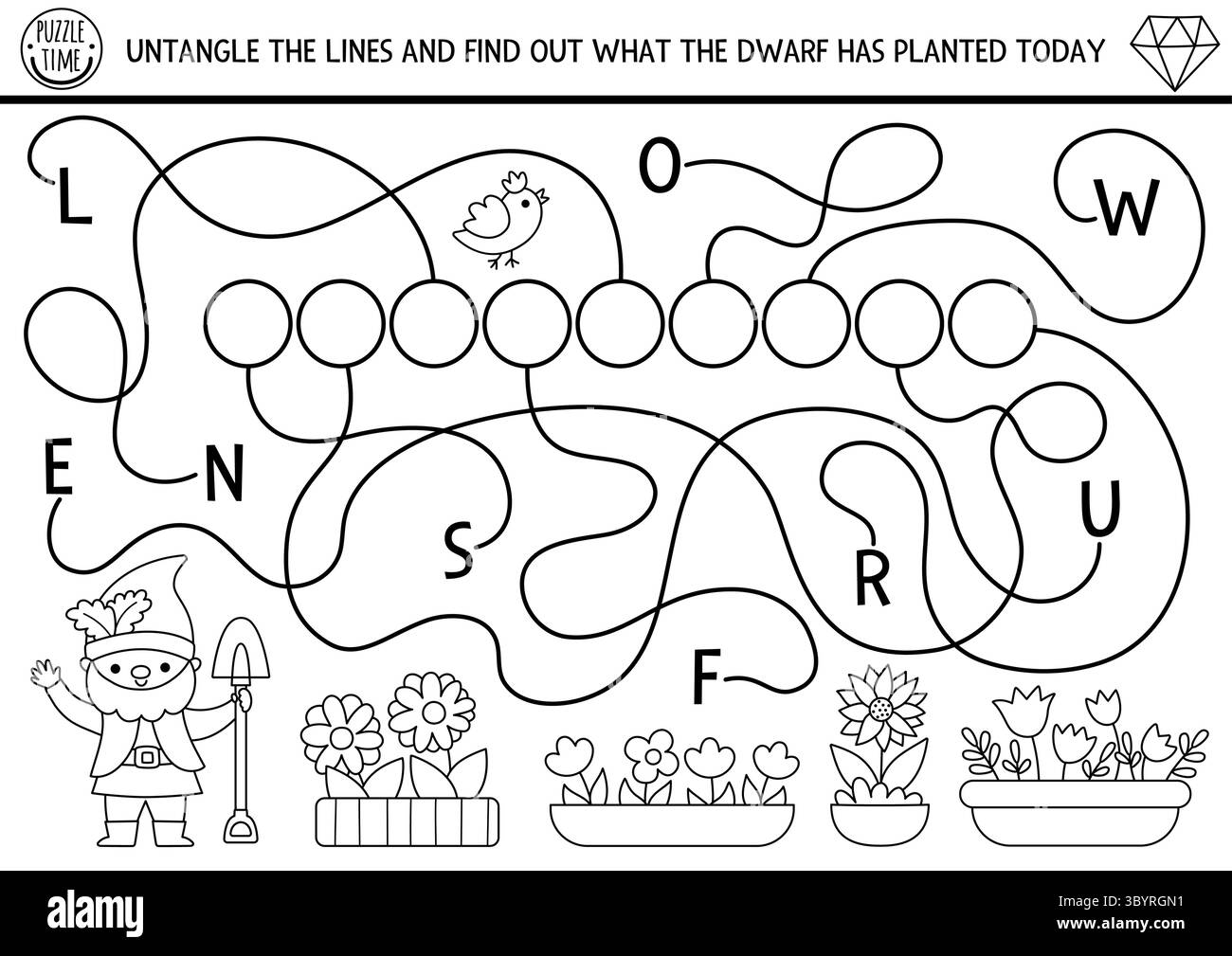 ABC black and white labyrinth game with dwarf gardener. Fairytale ...
