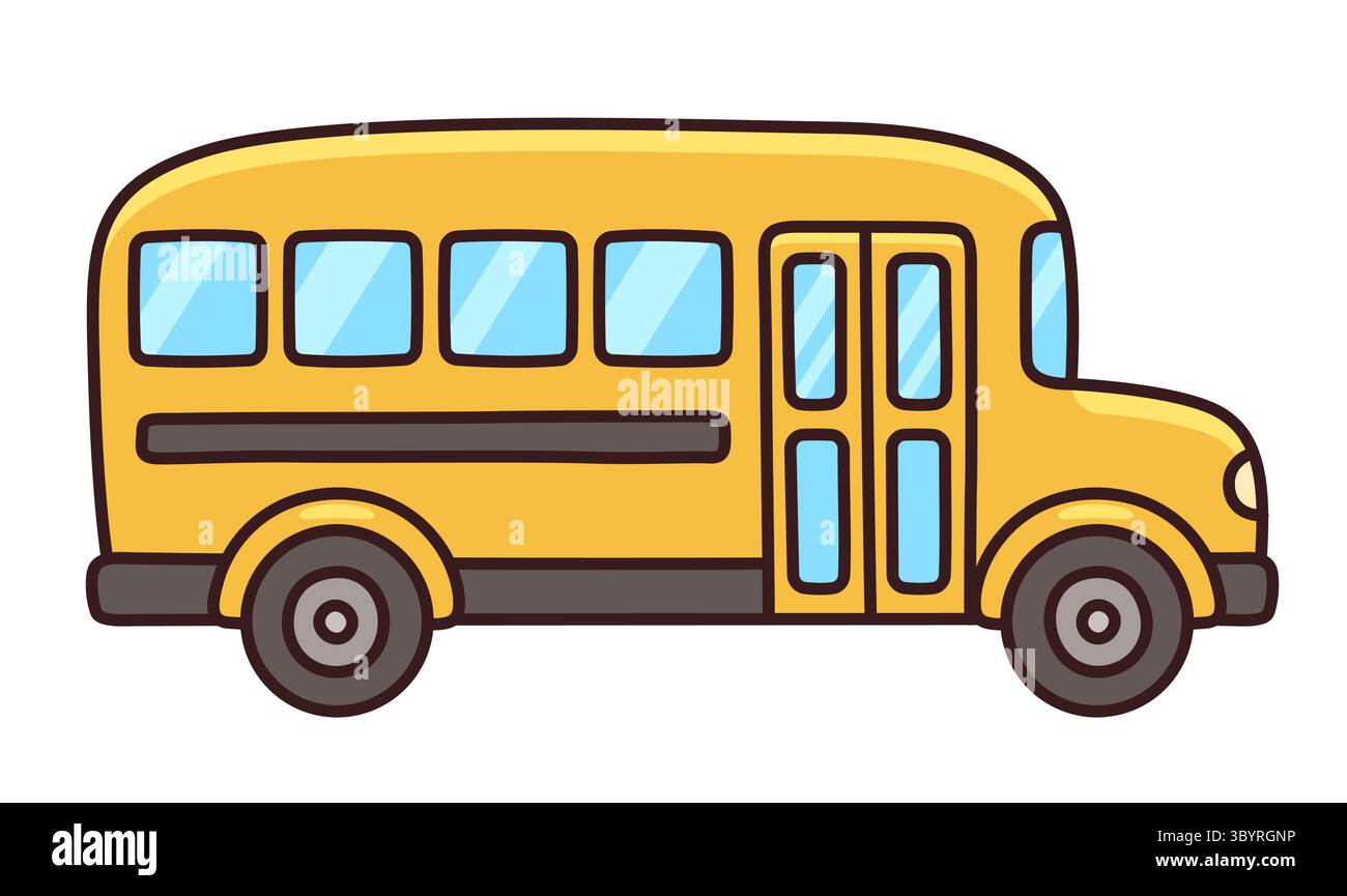 Classic yellow school bus drawing in cute cartoon hand drawn style ...