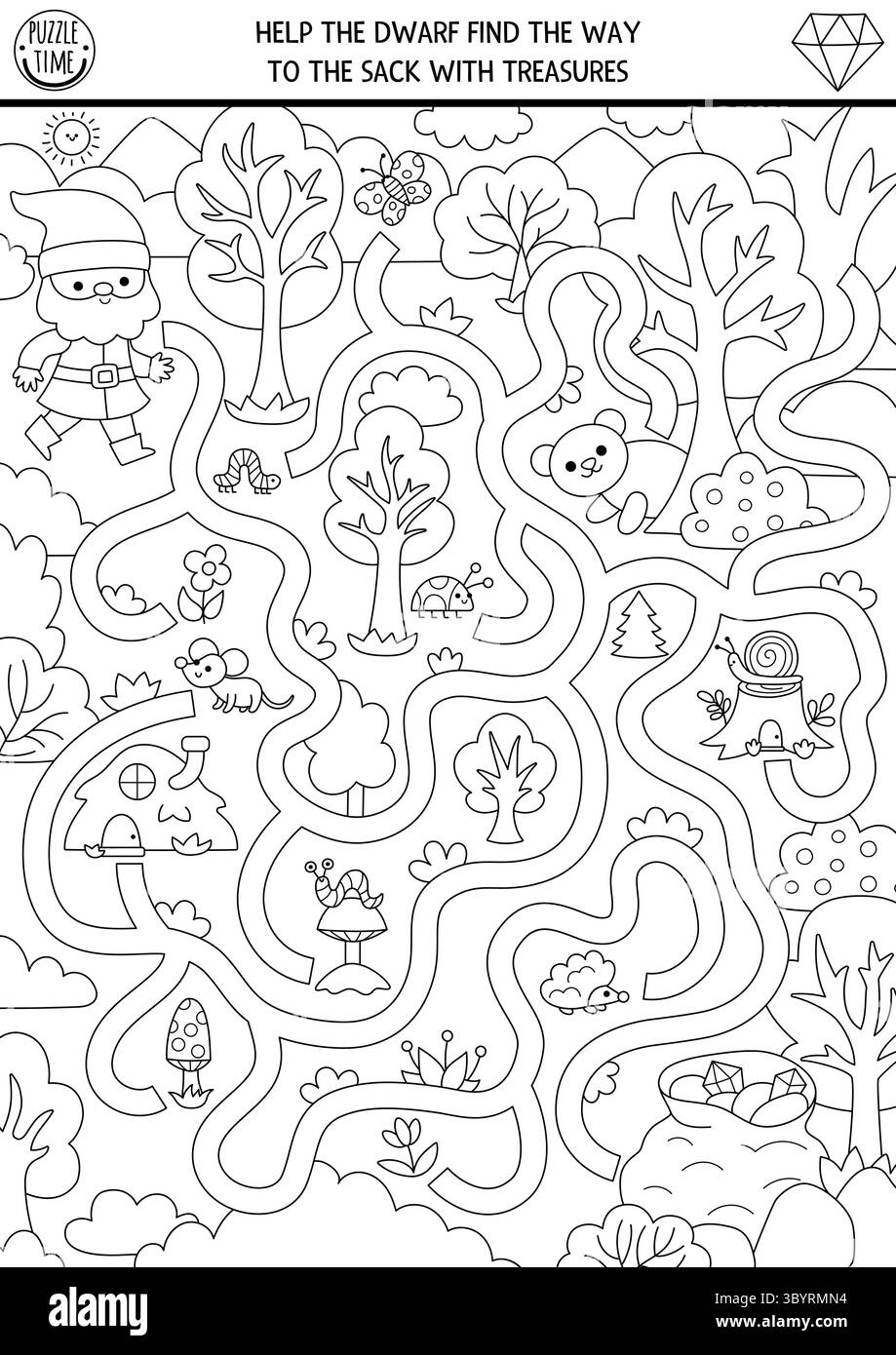 Dwarf black and white maze for kids with forest landscape. Fairytale ...