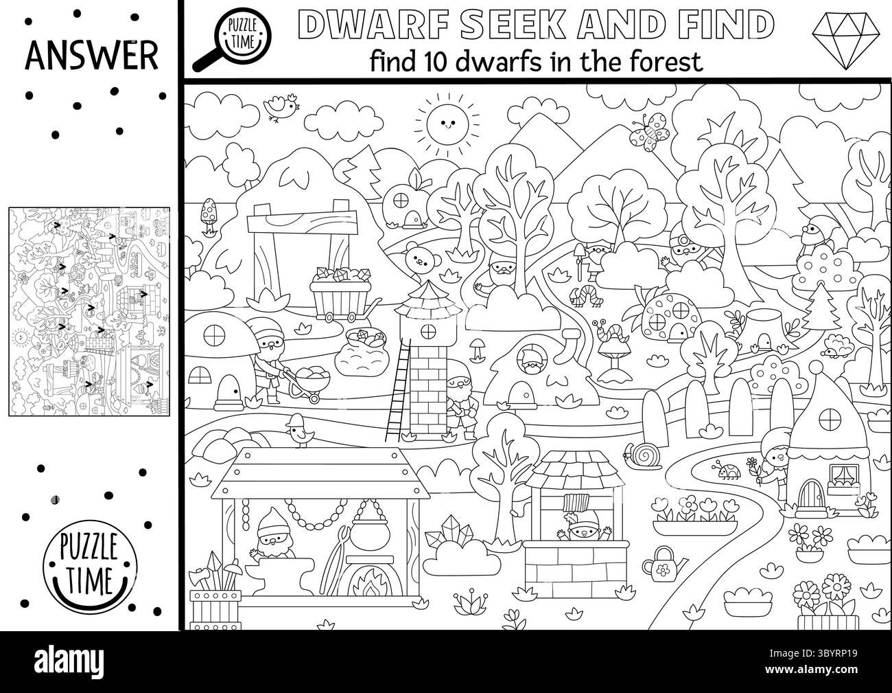 Vector dwarf black and white searching game with magic forest landscape. Spot hidden gnomes in ...