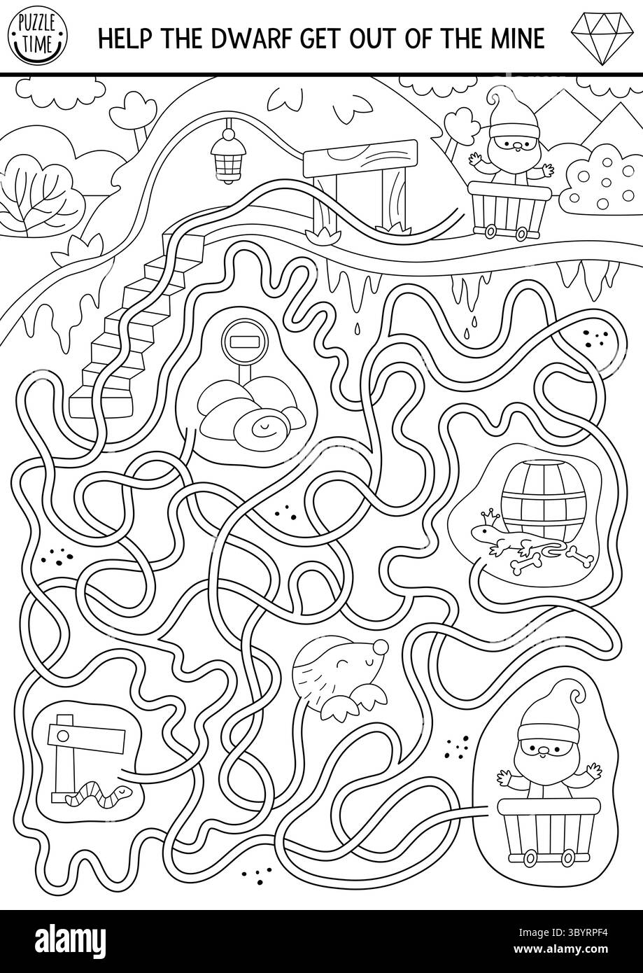 Dwarf black and white maze for kids with underground mine landscape and ...