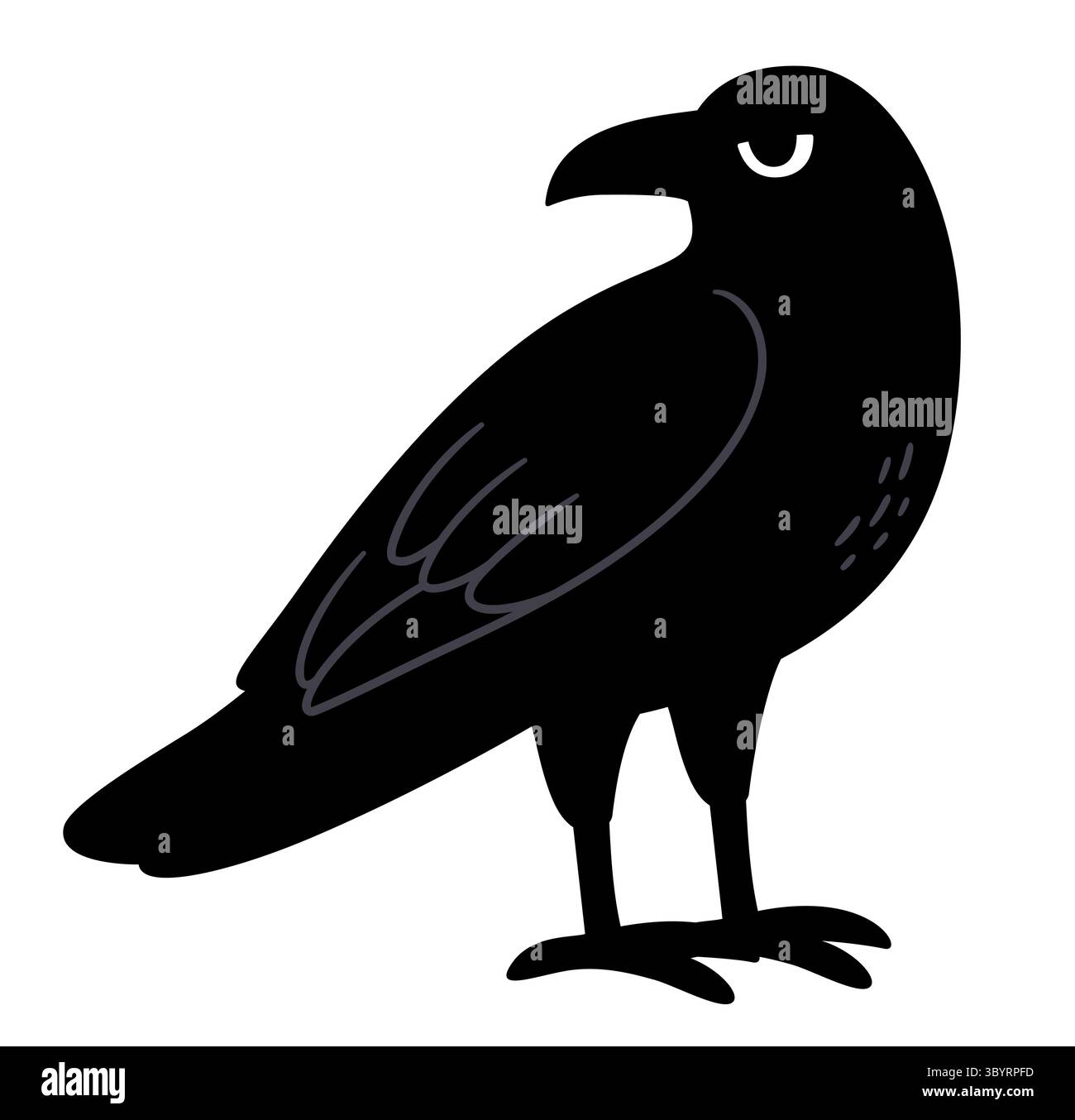 Simple stylized cartoon crow drawing. Black and white silhouette for ...