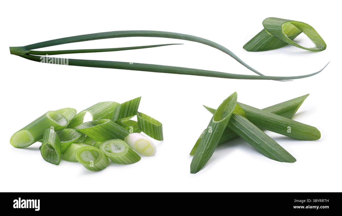 Set of whole and chopped green leek, scallions or spring onions (Allium ...