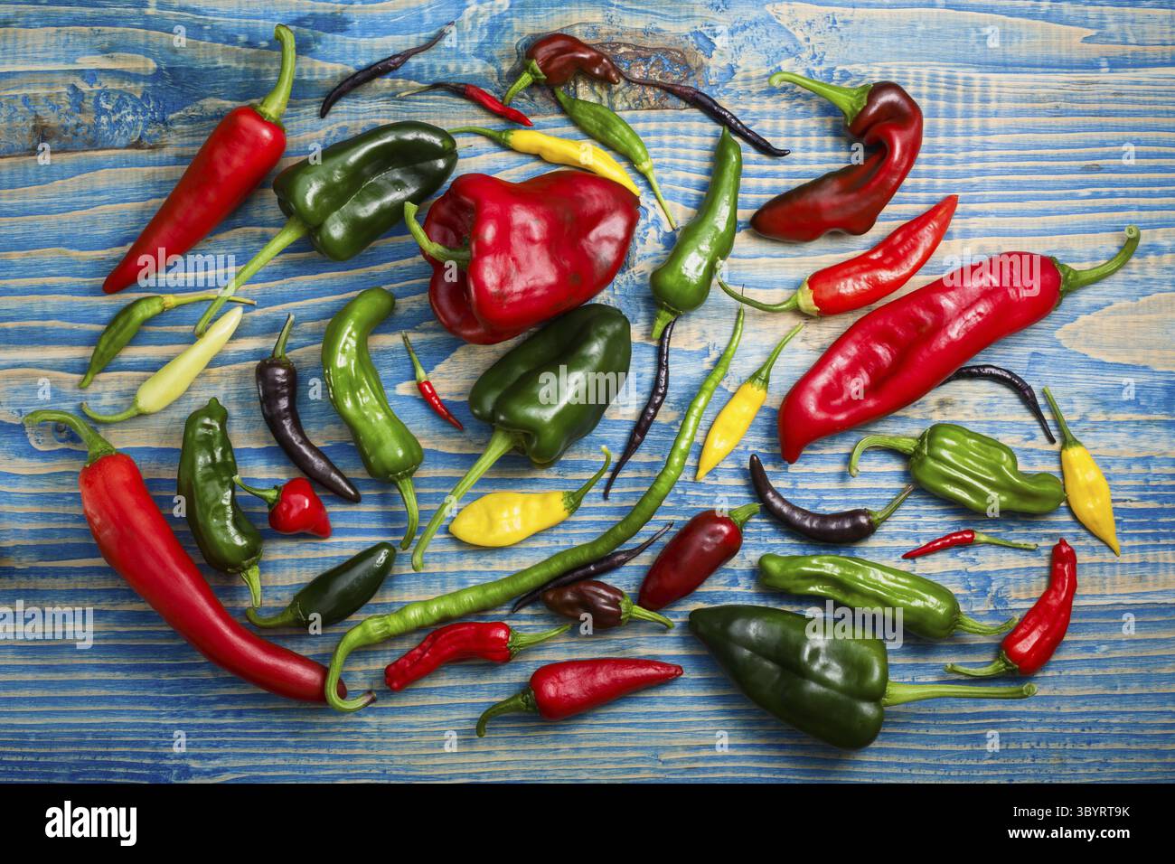 Colorful chile peppers mix. Different shapes and colors, top view Stock ...