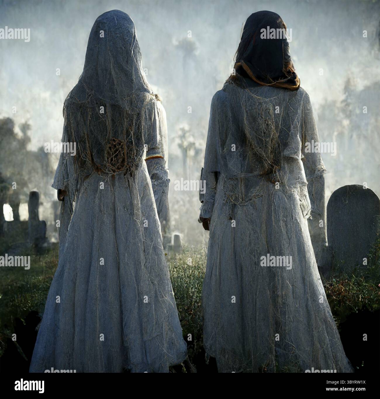 Ghost women in fog Halloween background digital art Stock Photo - Alamy