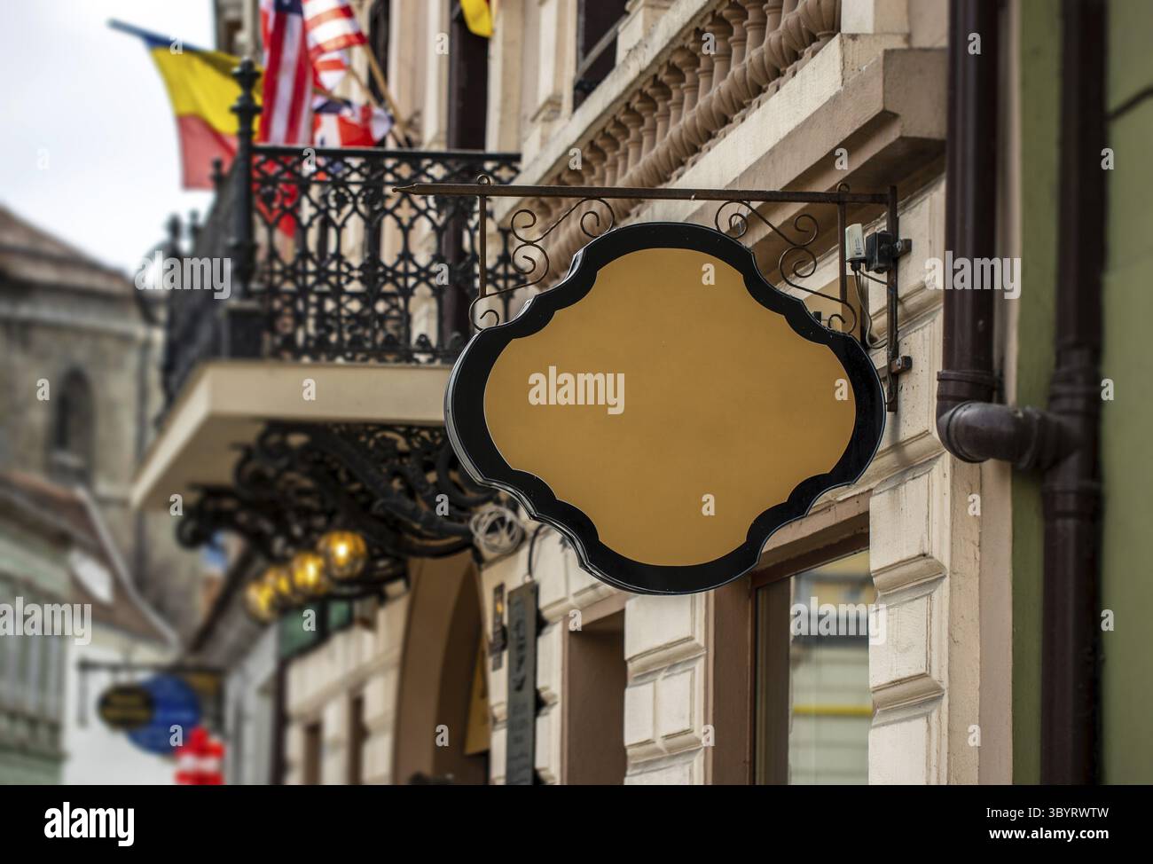 Logo mockup of a blank empty sign table in town, restaurant name or ...