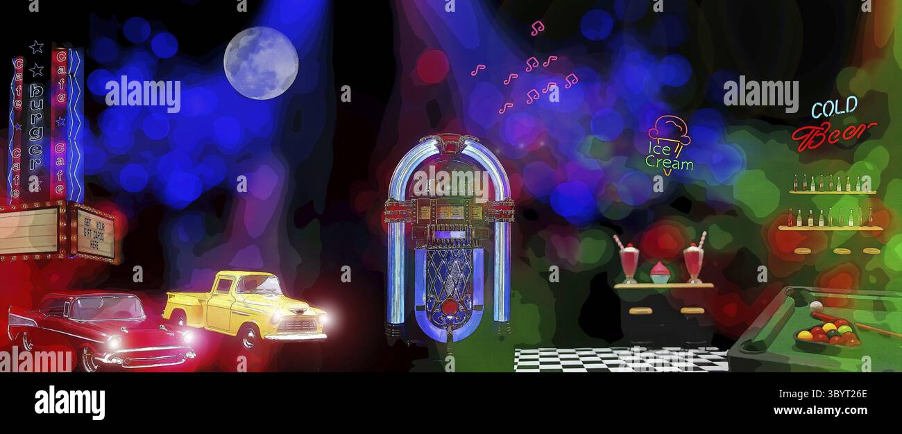 Pool Table With Disco Ball and Neon Signs Composite Image Stock Photo ...