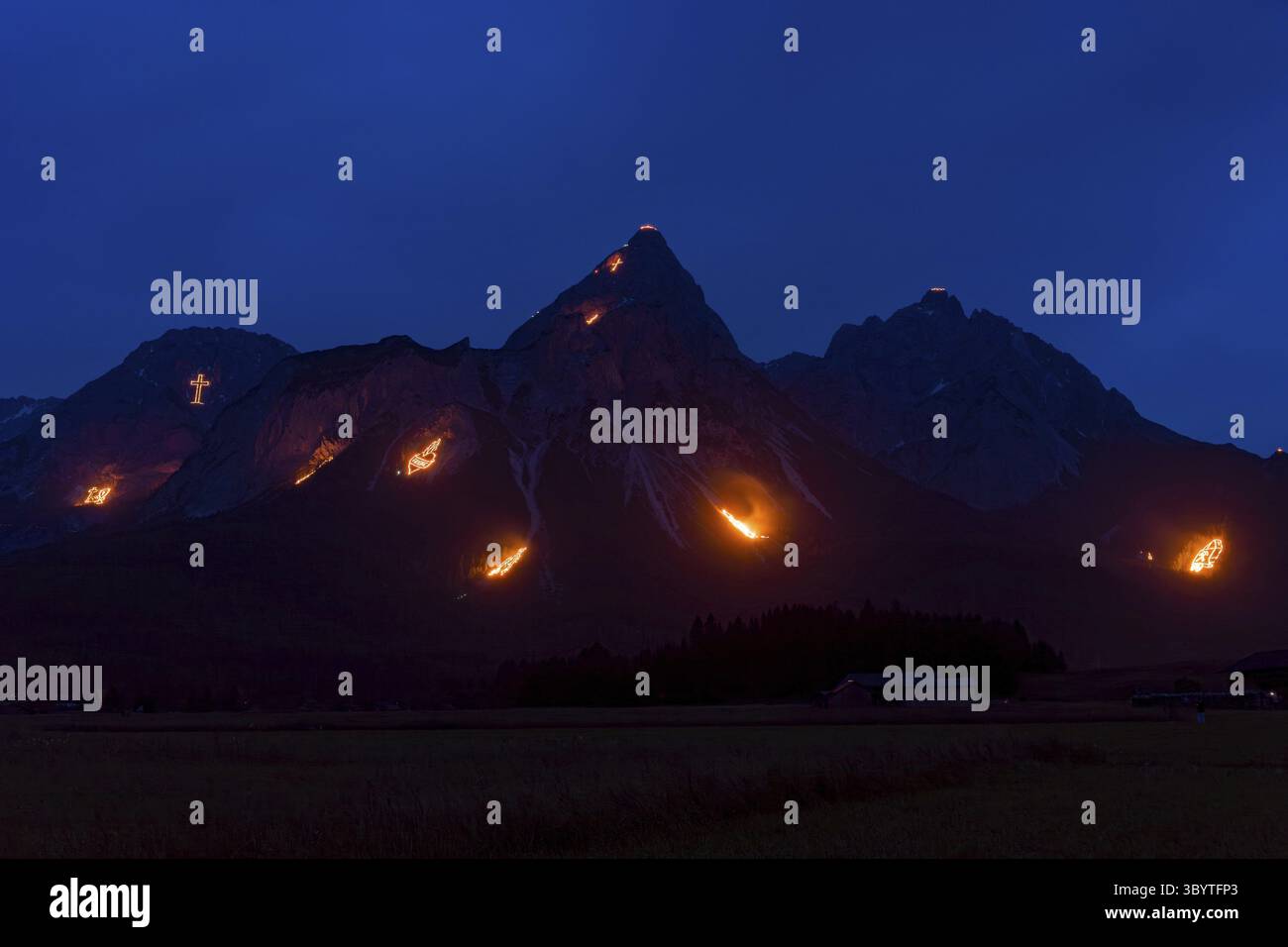 Traditional mountain bonfires for the summer solstice in the Tiroler ...