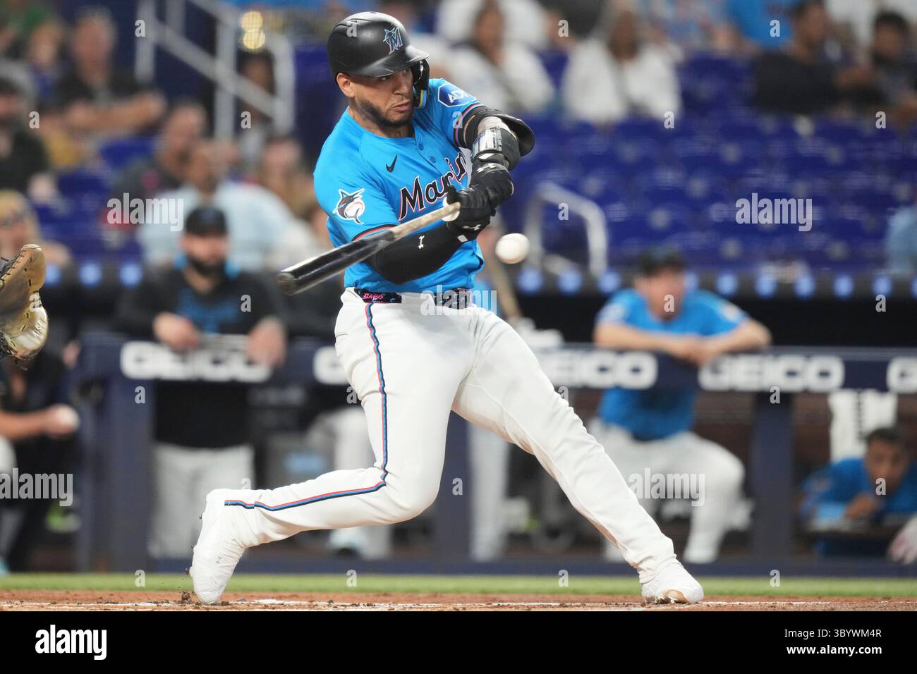 Miami Marlins' Agustin Ramirez hits a single during the first inning of ...