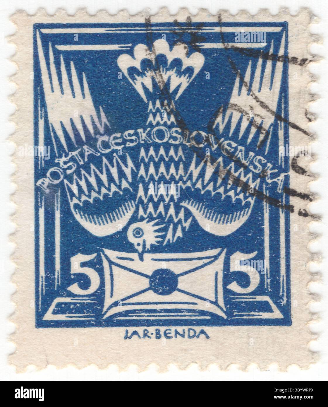 CZECHOSLOVAKIA - 1920 June 1: 5 haléř dark blue postage stamp depicting ...