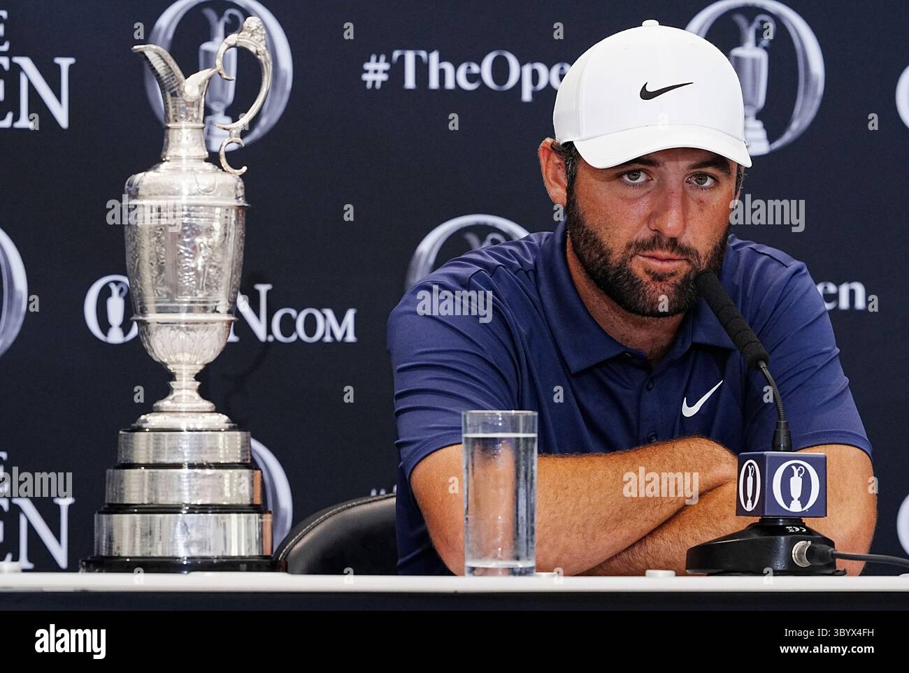 USA's Scottie Scheffler with the Claret Jug during a press conference ...