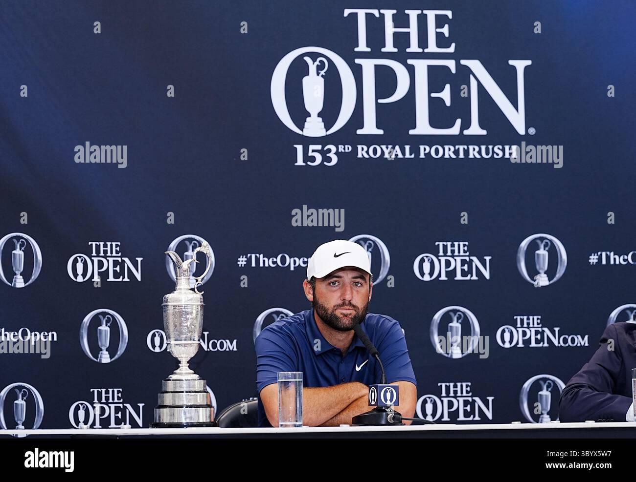 USA's Scottie Scheffler with the Claret Jug during a press conference ...