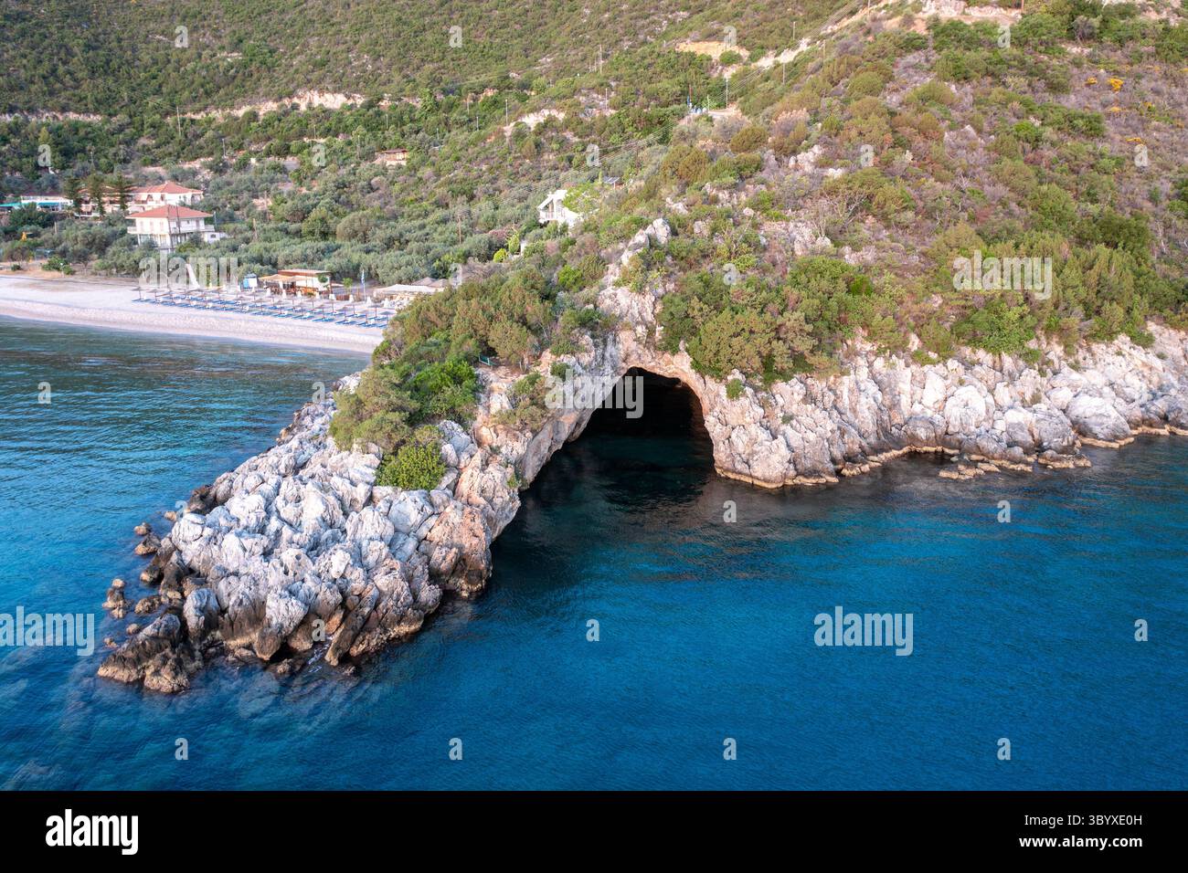 Aerial View of the Paralia Tigani Beach and Sea Cave in Greece Stock ...