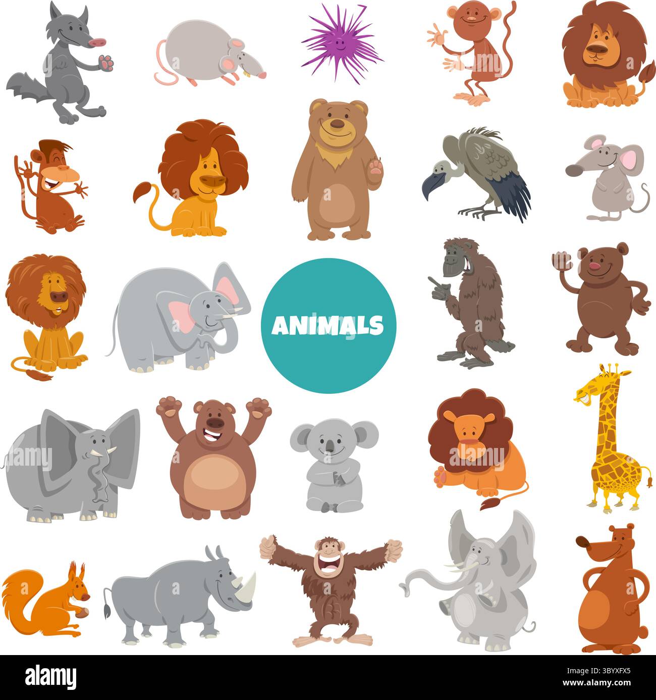 Cartoon illustration of happy wild animal characters big set Stock ...