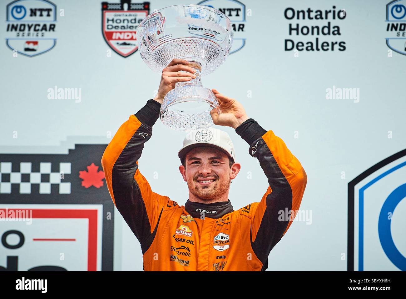 Pato O'Ward (5) of Mexico celebrates after winning the 2025 Honda Indy ...