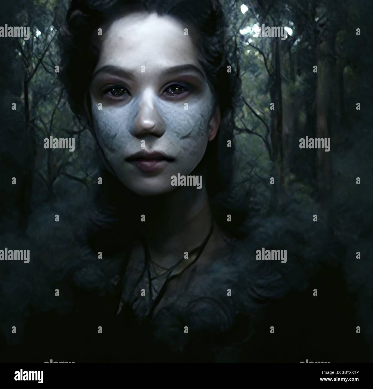 Scary ghost woman in dark forest Halloween digital art Stock Photo - Alamy
