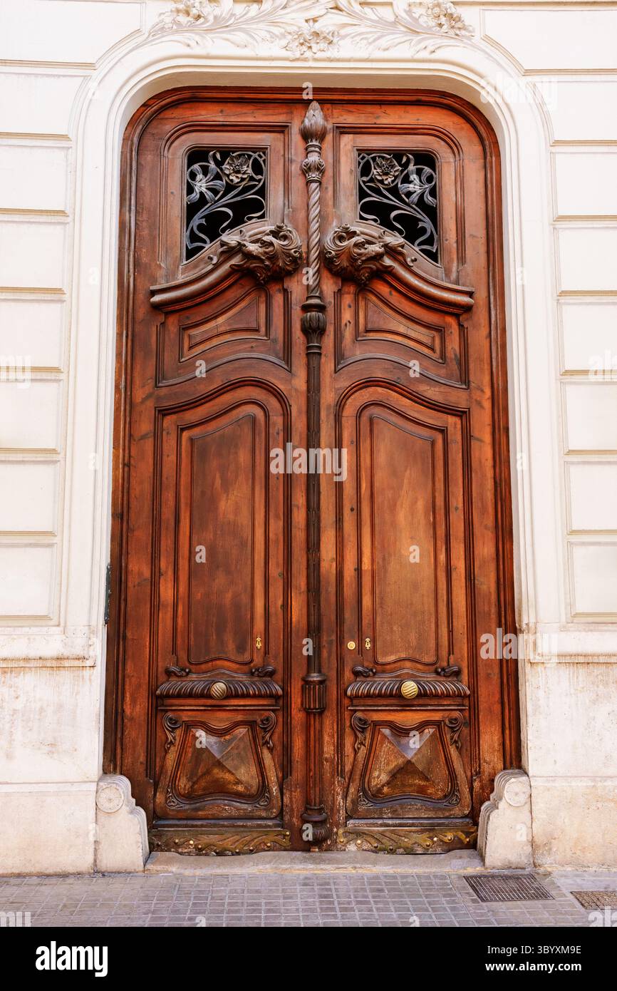 Symmetrical carved wooden door with lion heads, floral iron lattice ...