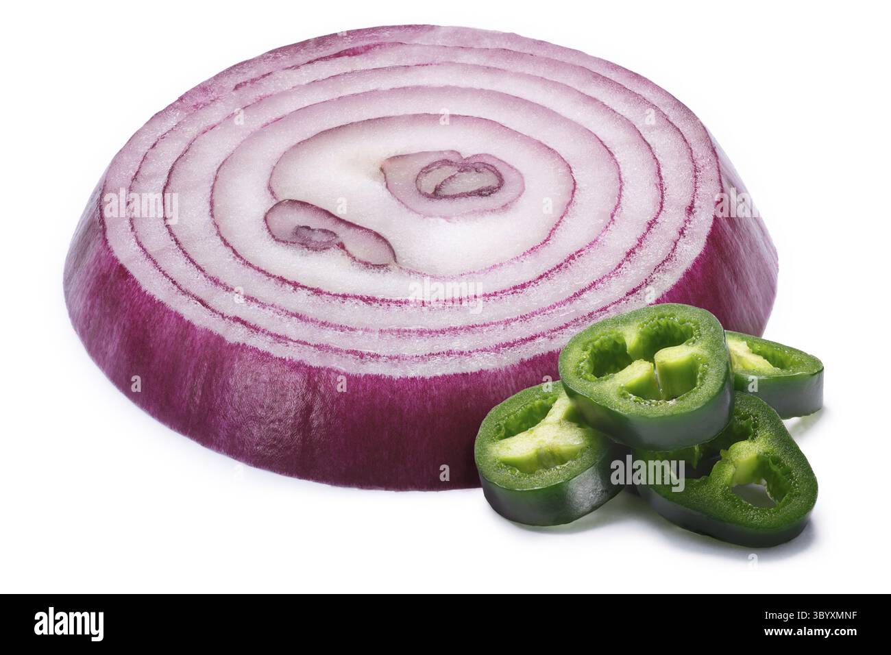 Chopped Jalapeno chile next to red purple onion slice.Clipping paths ...