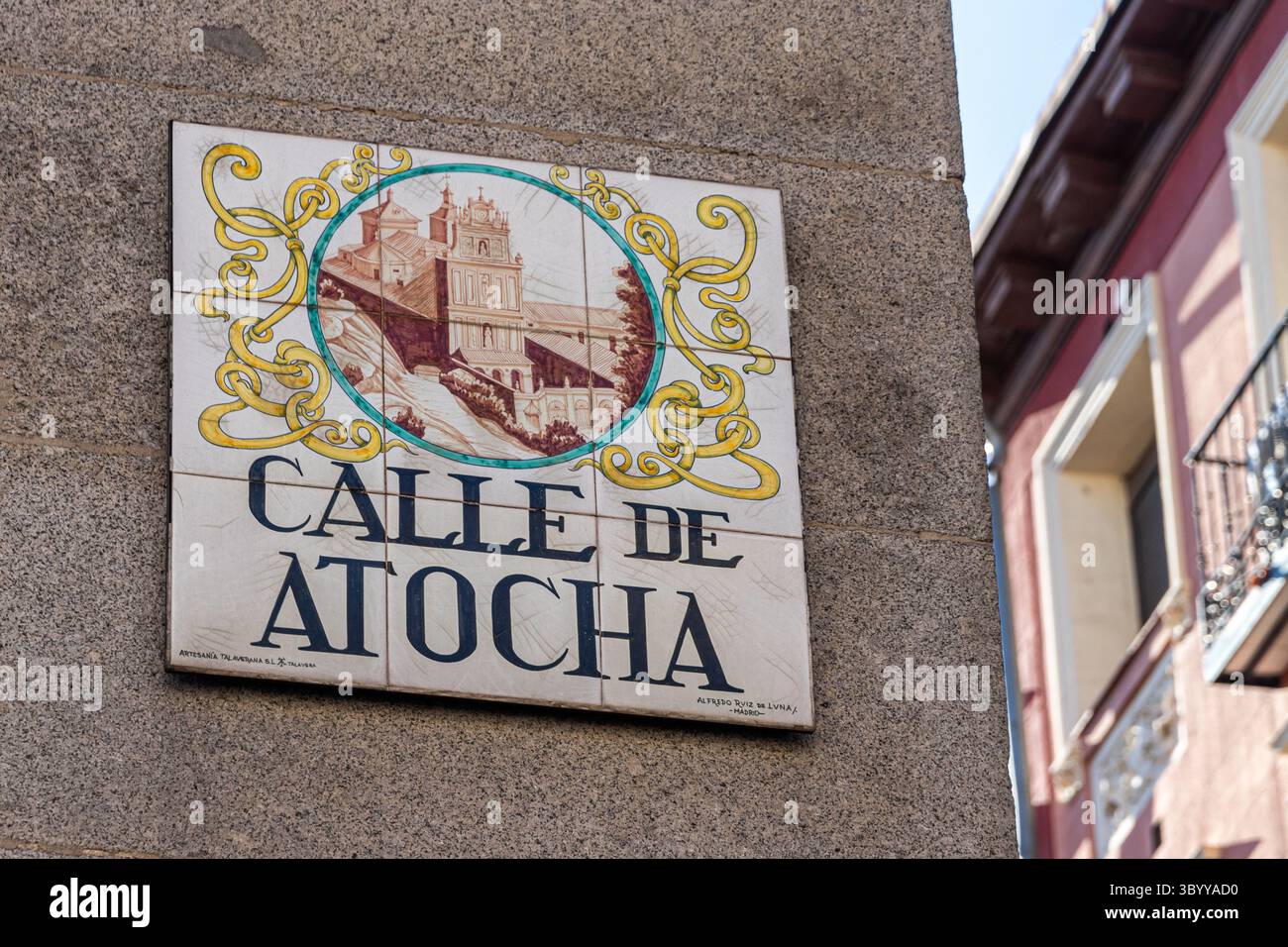 Madrid, Spain. Traditional ceramic street sign for Calle de Atocha ...