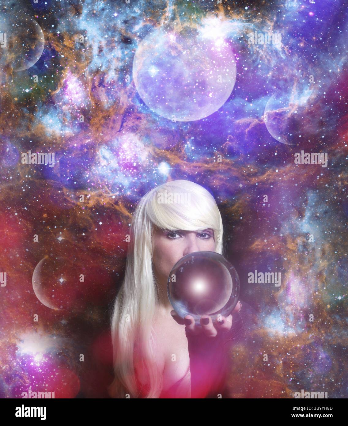 Psychic with Blond hair and Crystal Ball Space Galaxy Background Stock ...