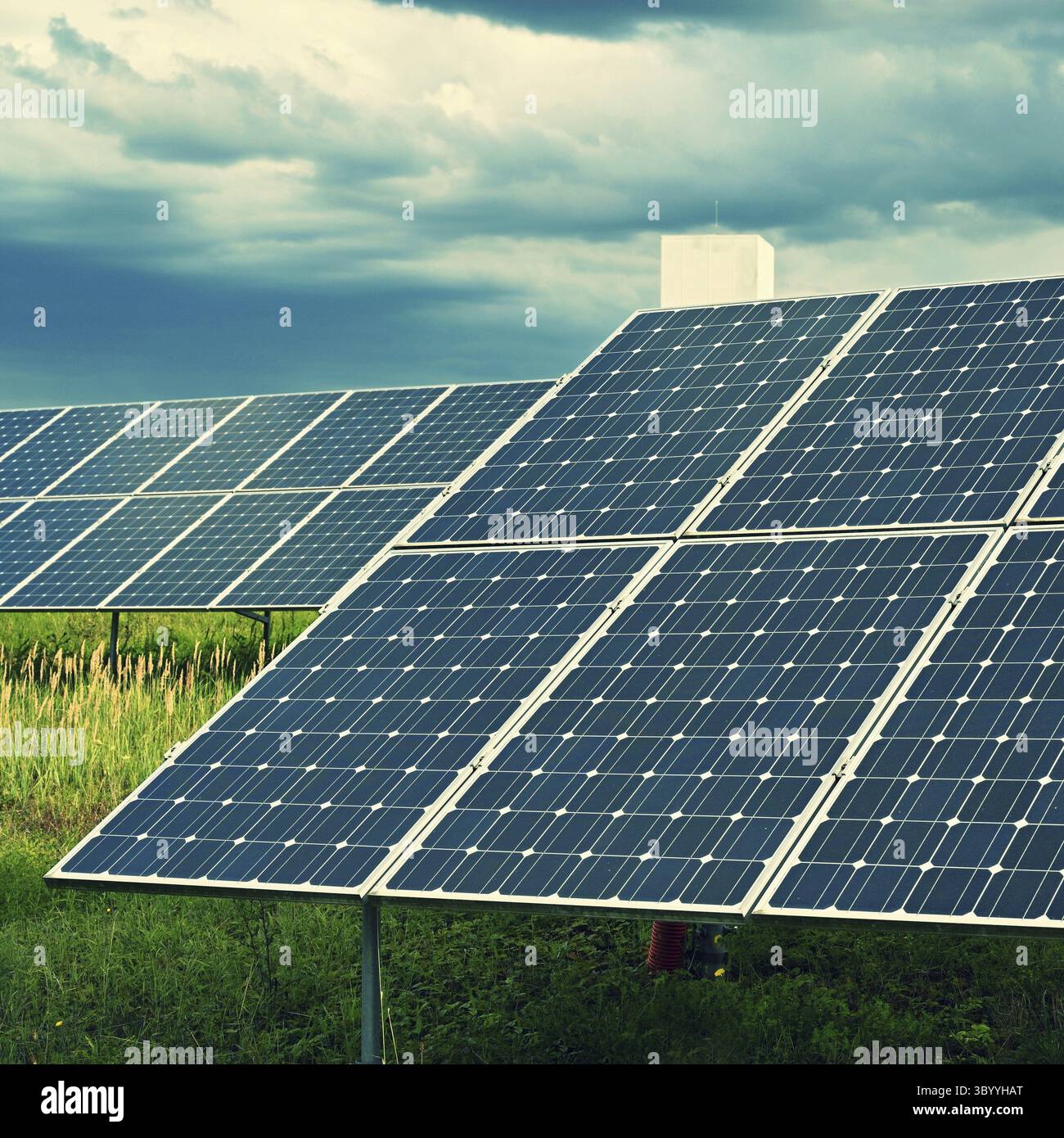 Technology solar cell. Solar panels on the sky background. Power plant ...