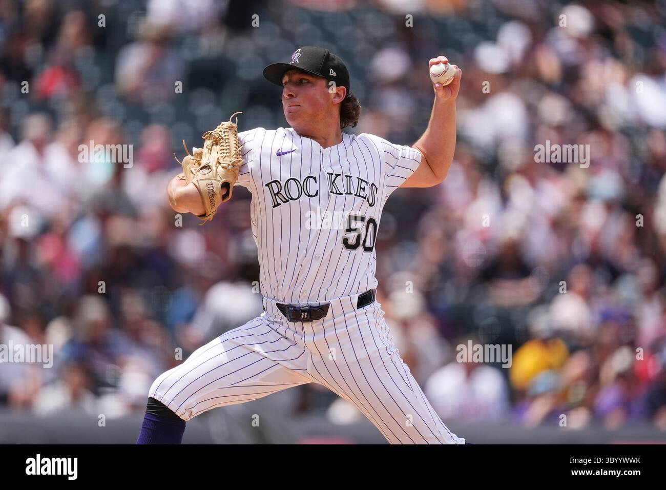 Colorado Rockies relief pitcher Ryan Rolison works against the ...
