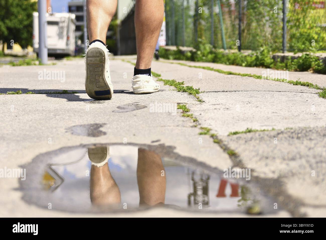 Legs while walking. Reflections in water on the sidewalk Stock Photo ...