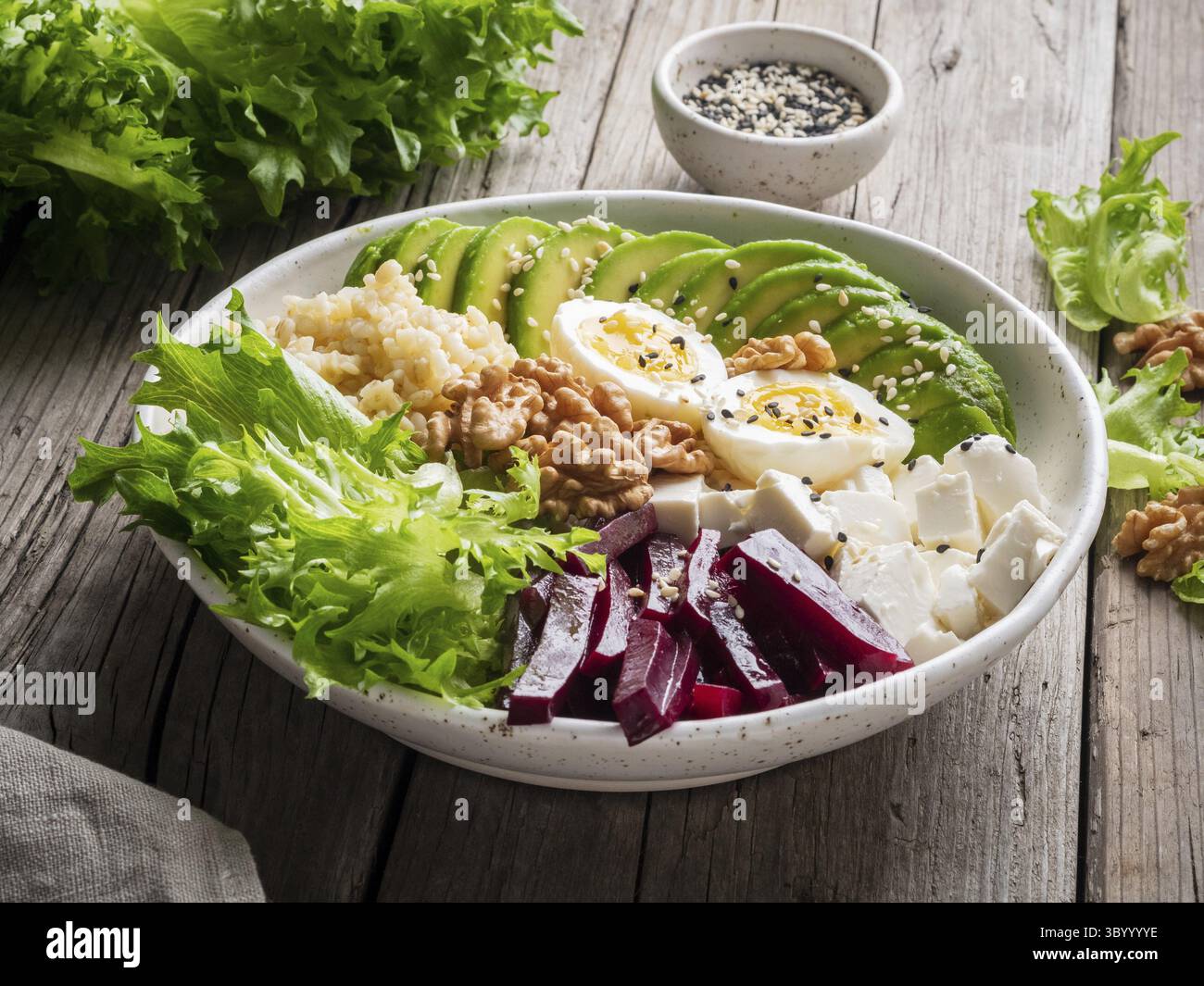 Buddha bowl, balanced food, vegetarian menu. Old wooden dark table ...