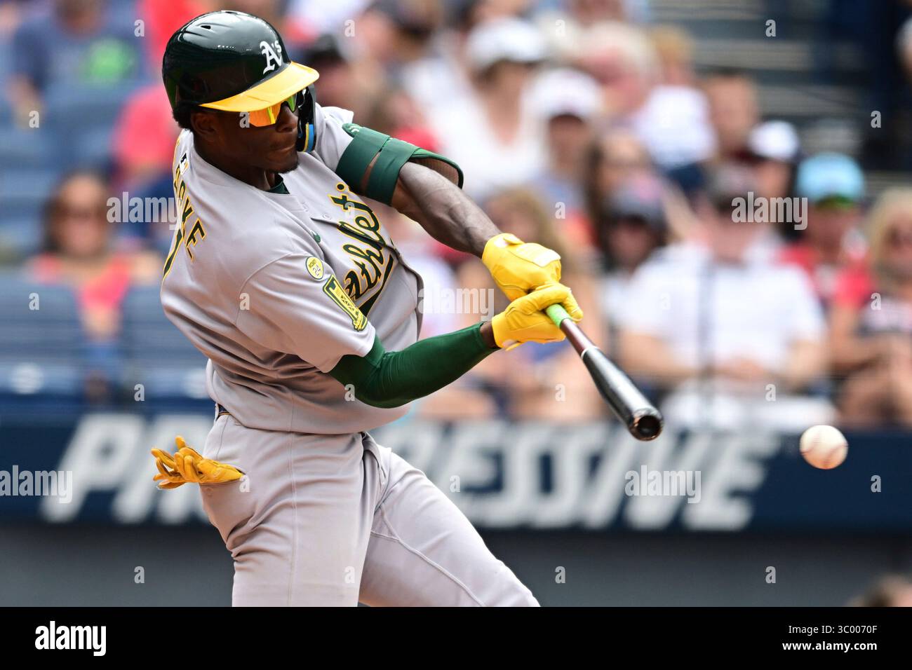 Athletics' Denzel Clarke hits a double during the eighth inning of a ...