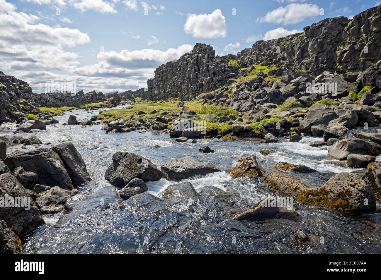 River of water from waterfall running in the rift valley between ...