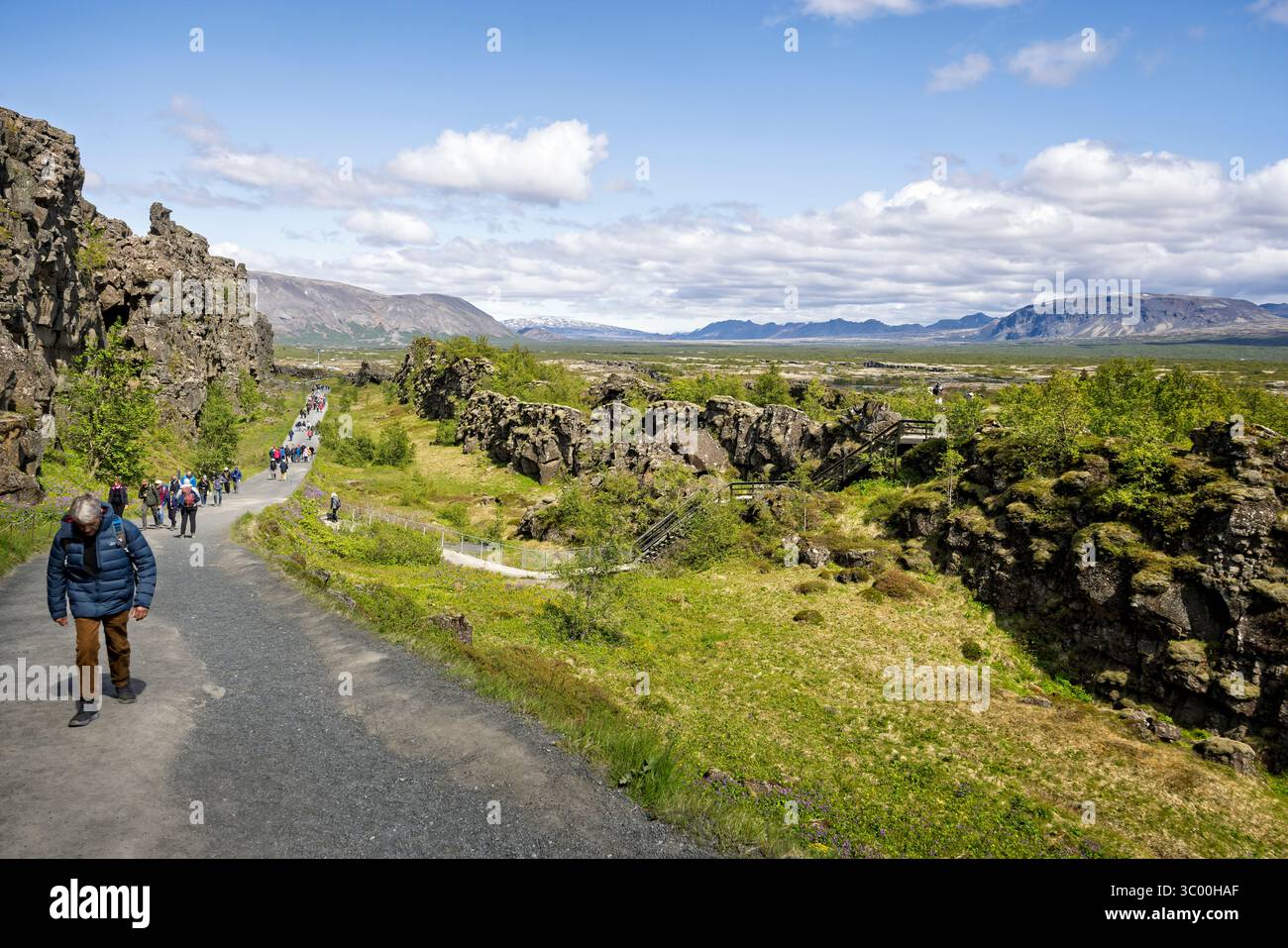 Tourists walking in the rift valley between the Eurasian and American ...