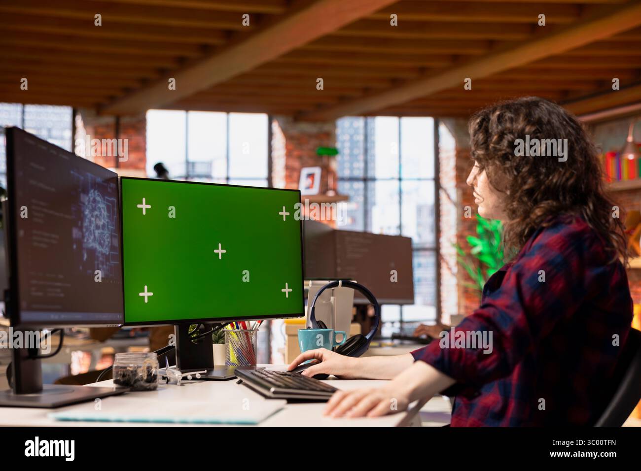 Startup admin using green screen PC, coding AI algorithm and machine learning models enhancing ...