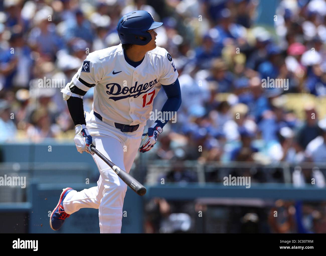 Los Angeles Dodgers designated hitter Shohei Ohtani hits a two-run home ...