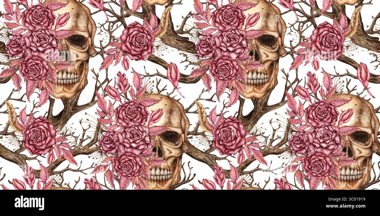 Human skulls with burgundy roses, dried flowers, autumn leaves and tree ...