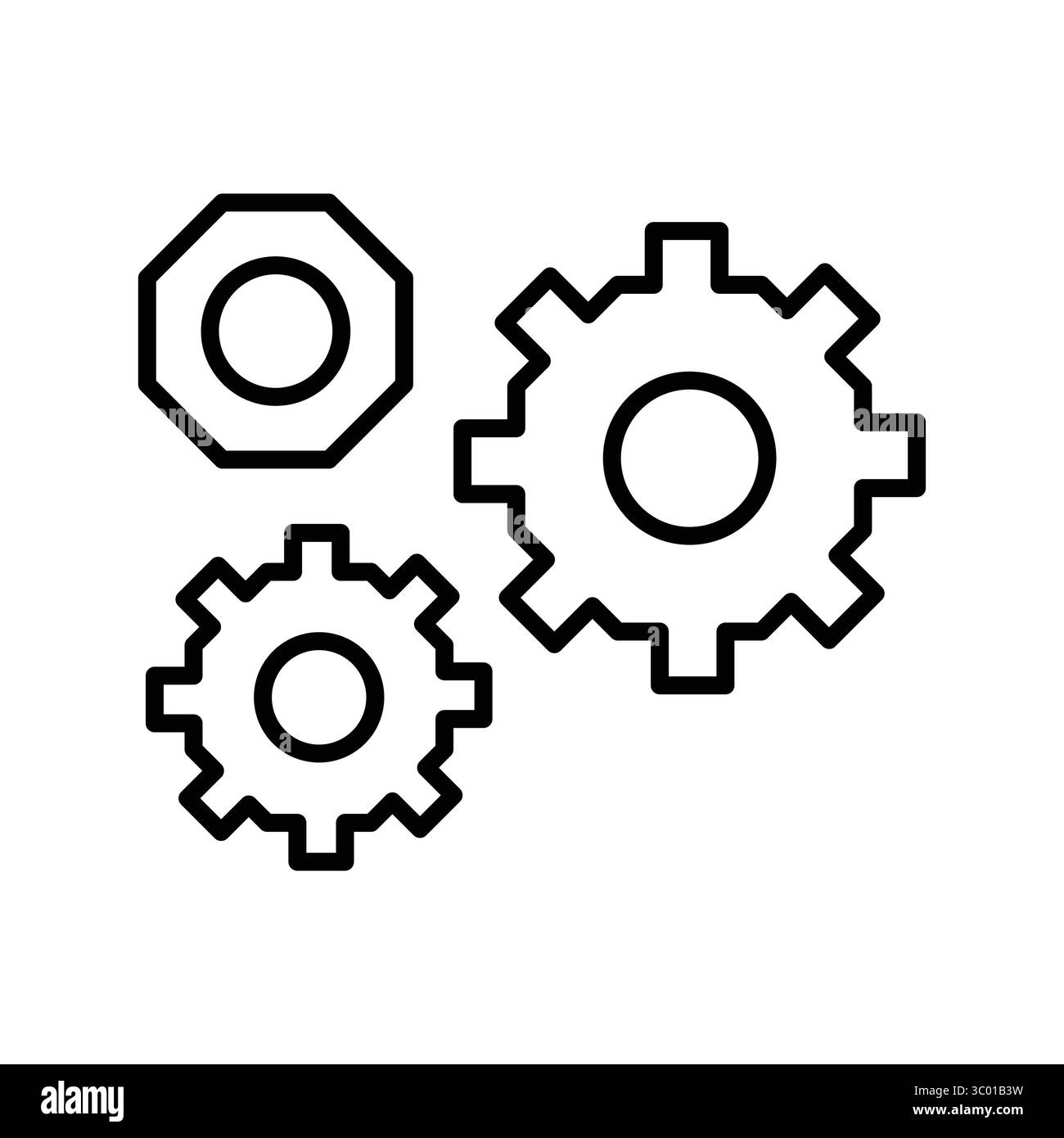 This minimalistic illustration features gears and nuts in an outline ...