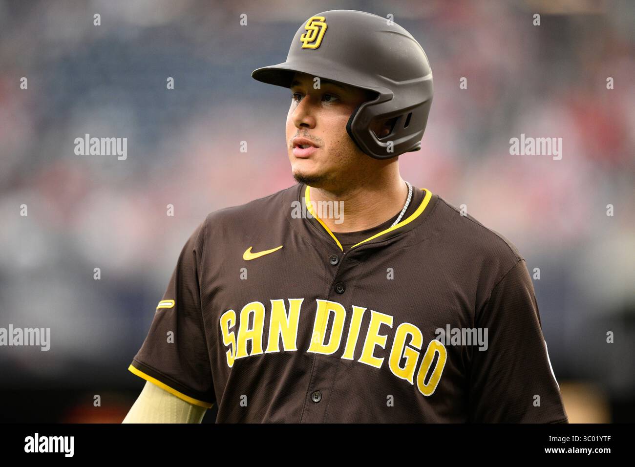 San Diego Padres's Manny Machado looks on during a baseball game against the Washington ...