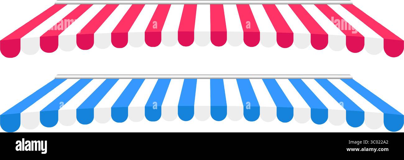 Set of shop awning. Striped store canopy design. Market tent with red, blue and white stripes ...