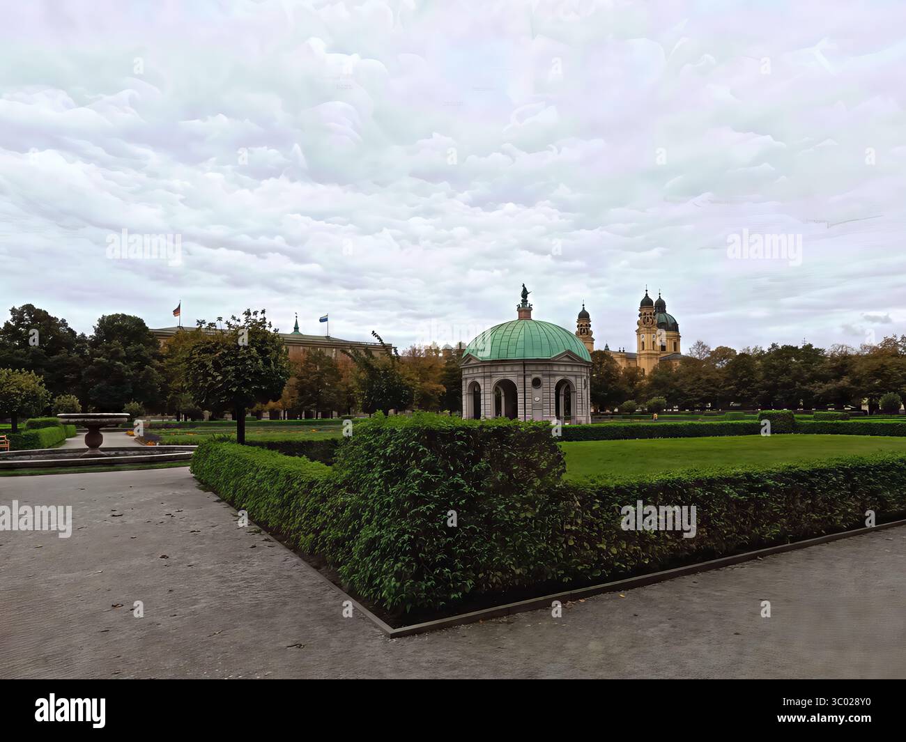 Landmarks and walkways in the English gardens and Hofgarten in Munich ...