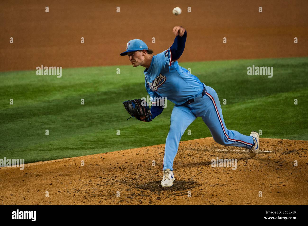 Texas Rangers' Jacob Latz pitches during the fifth inning of a baseball ...