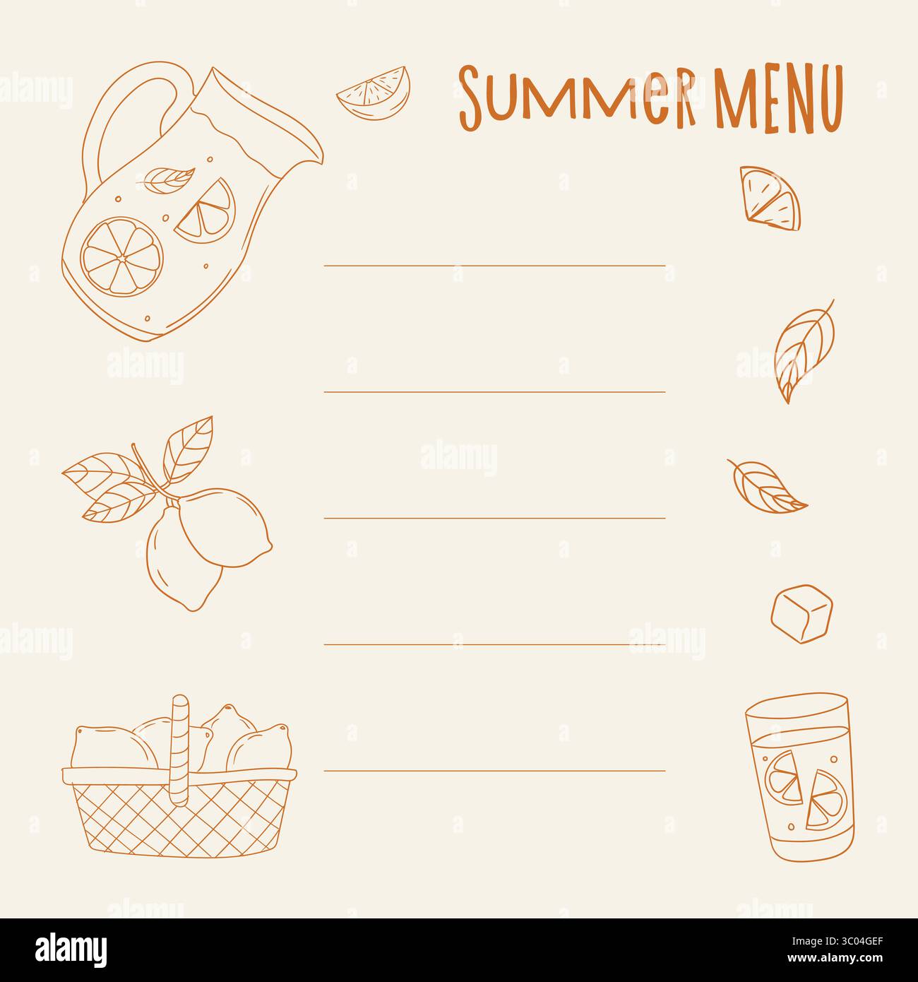 Summer menu design featuring lemonade pitcher with fruits and leaves ...