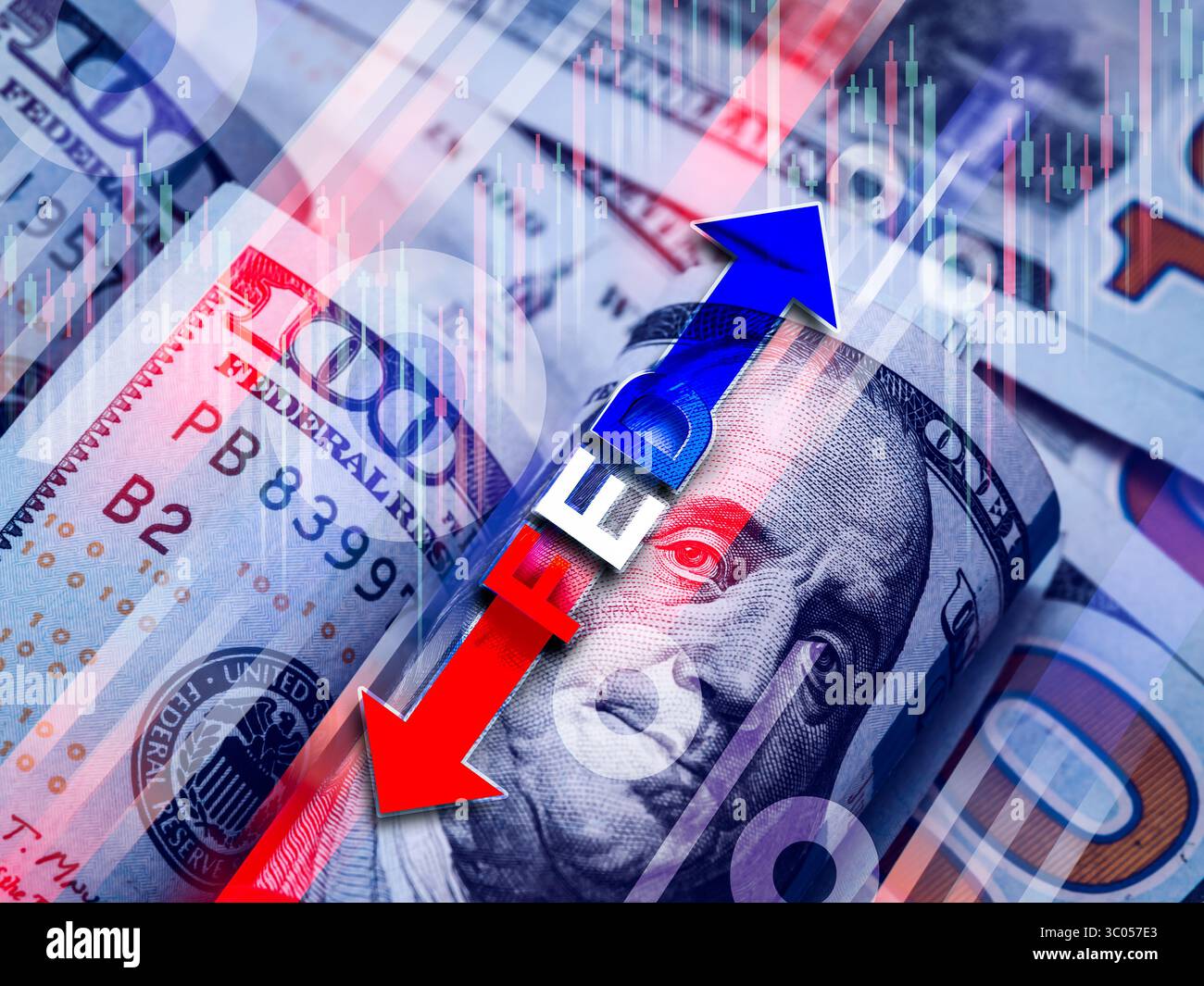 Text "FED" with up and down arrows, percentage icon and stock chart overlay over 100 US dollar ...