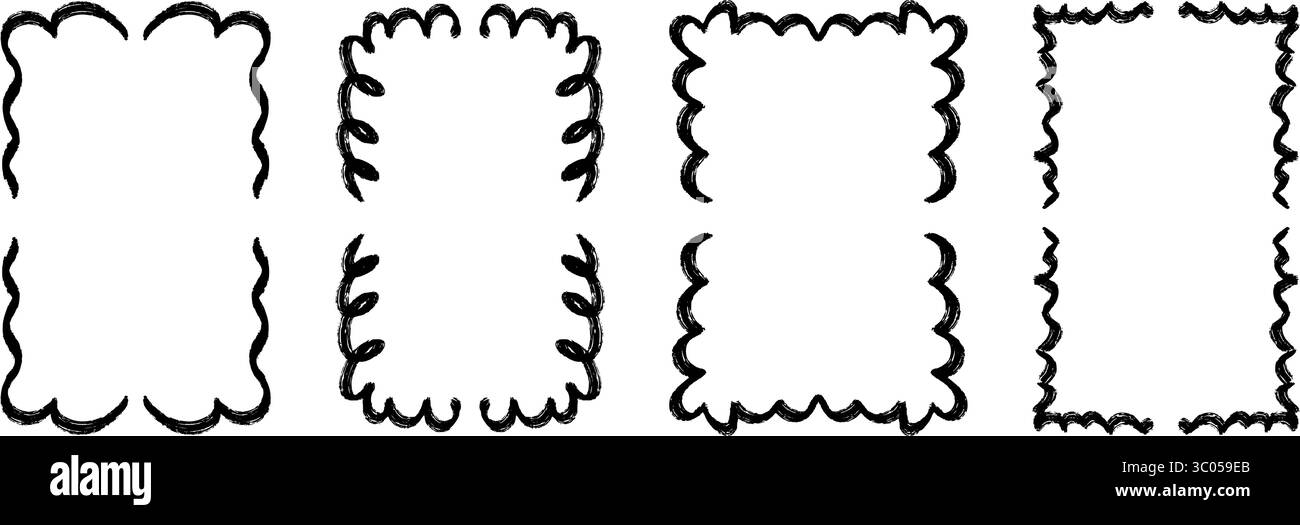Black hand drawn wavy frame set. Curly ribbon border collection. Curved ...