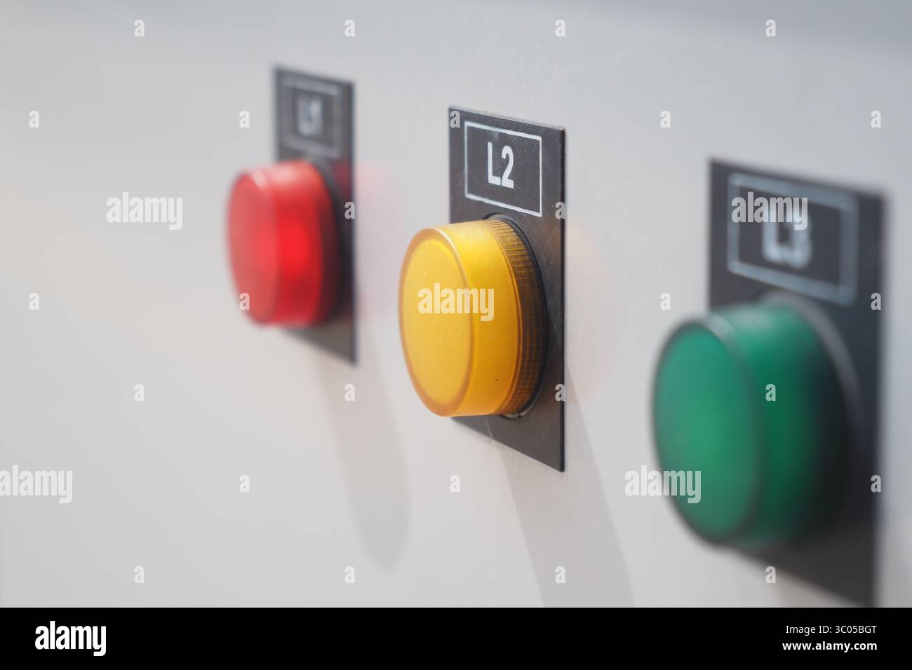 Control panel with colored buttons in industrial setting Stock Photo ...