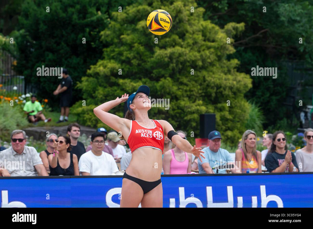 NEW YORK, NEW YORK - JULY 19: Kristen Nuss of Austin Aces serves the ball during AVP ...