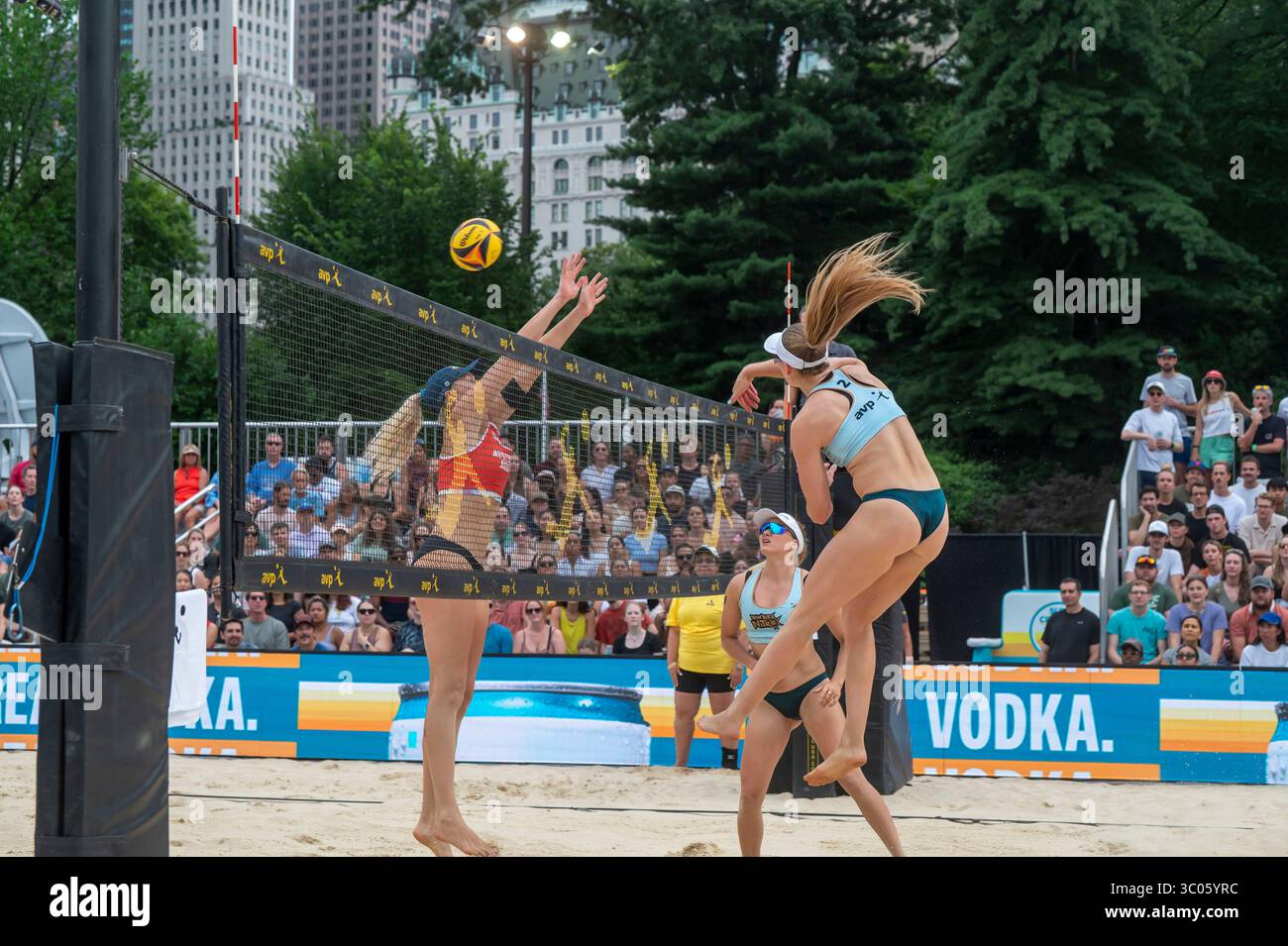 NEW YORK, NEW YORK - JULY 19: Megan Rice (R) of New York Nitro spikes the ball during AVP ...